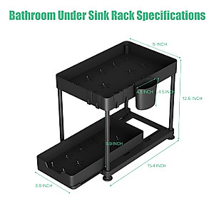 2 Pack Under Kitchen Sink Organizers and Storage, 2 Tier Under Sink Organizer for Bathroom Cabinet, Undersink Organizer Sliding Drawer with Hooks, Hanging Cup for Narrow Space by SMATHOM, Black