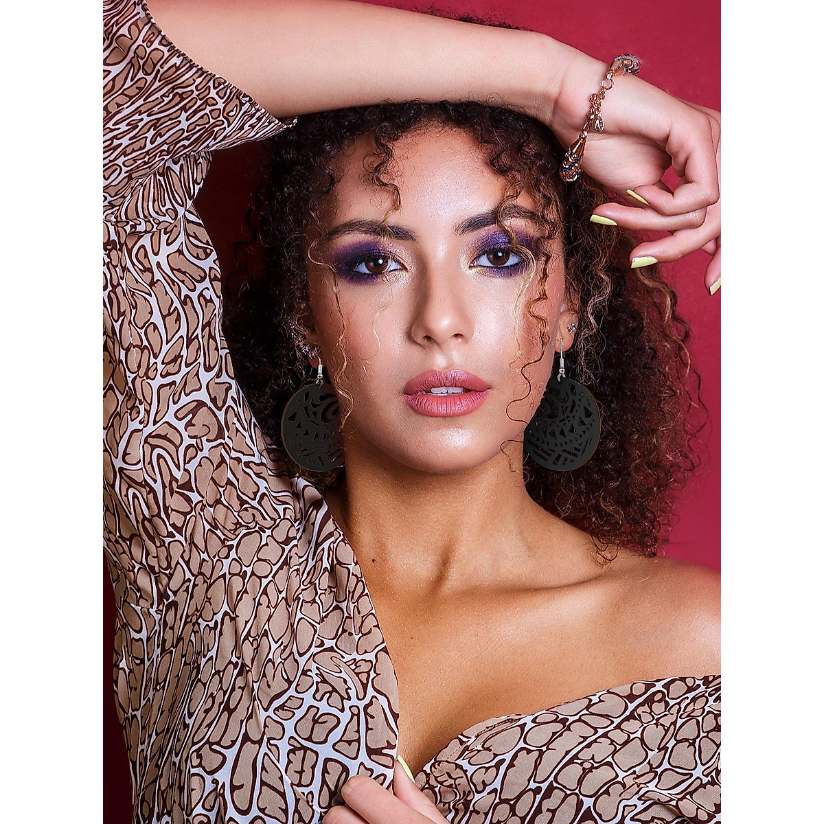 12 Pairs African Wooden Dangle Earrings Lightweight Drop Earrings Bohemian Pendant Dangle Earrings Jewelry Wooden Earrings (Black, Brown, Stylish Style)