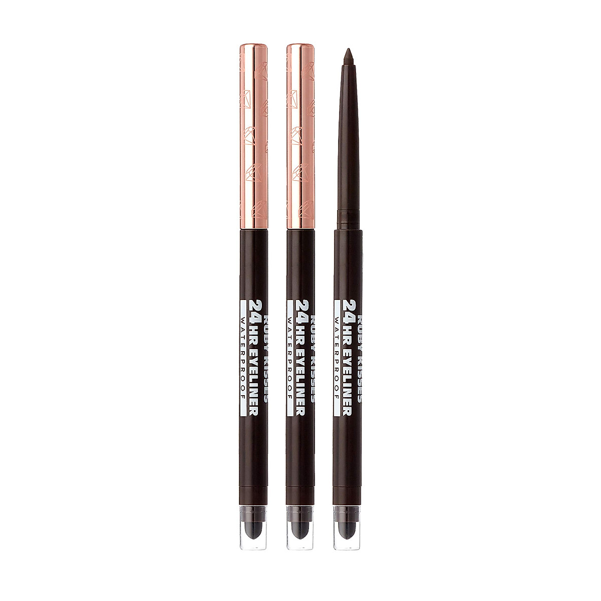Ruby Kisses Waterproof Eyeliner, 24HR Waterproof Long-Lasting Mechanical Eyeliner Pencil with Built-in Sharpener, Smudgeproof 3 Pack (Dark Brown)