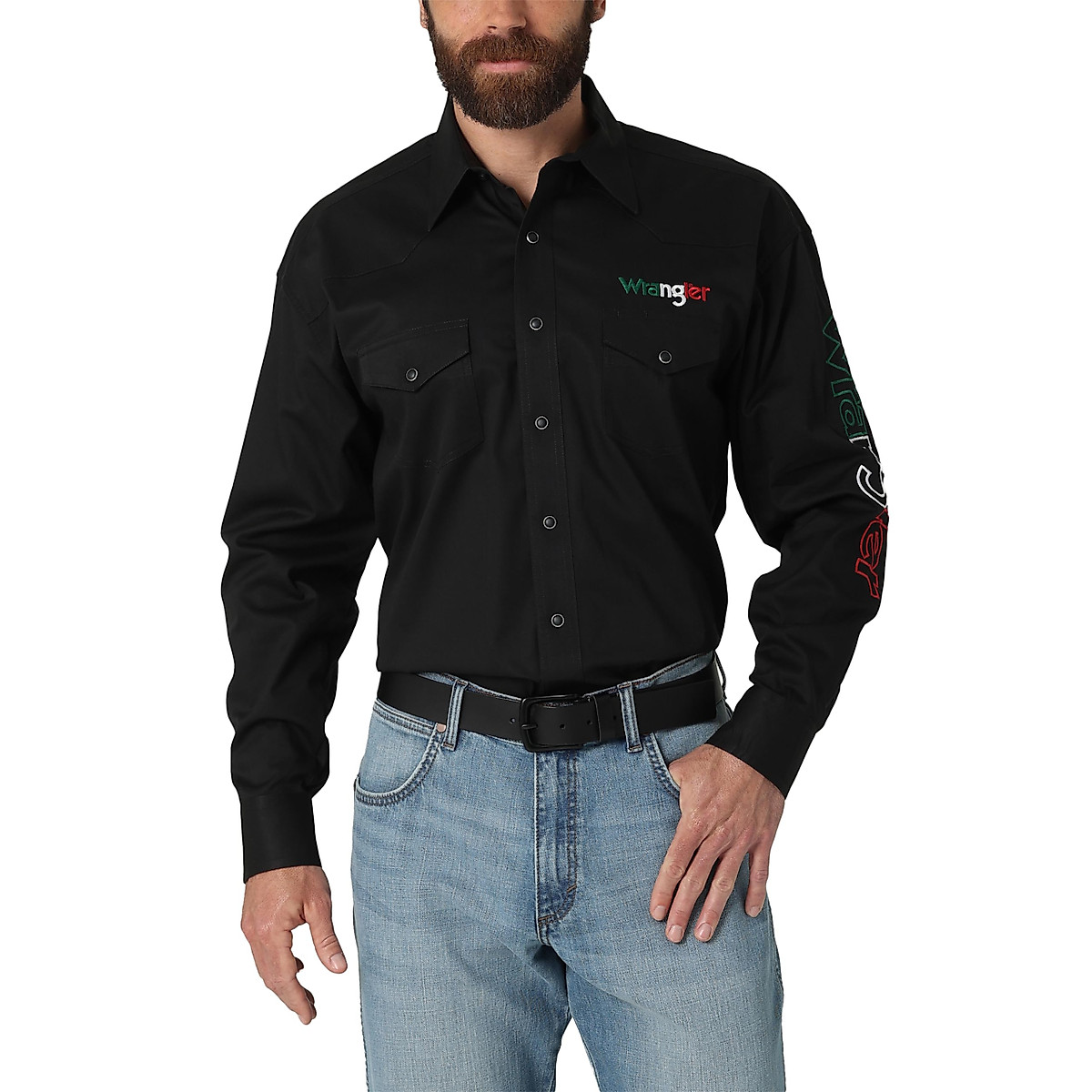 Wrangler Men's Western Logo Two Pocket Long Sleeve Button Shirt, Black