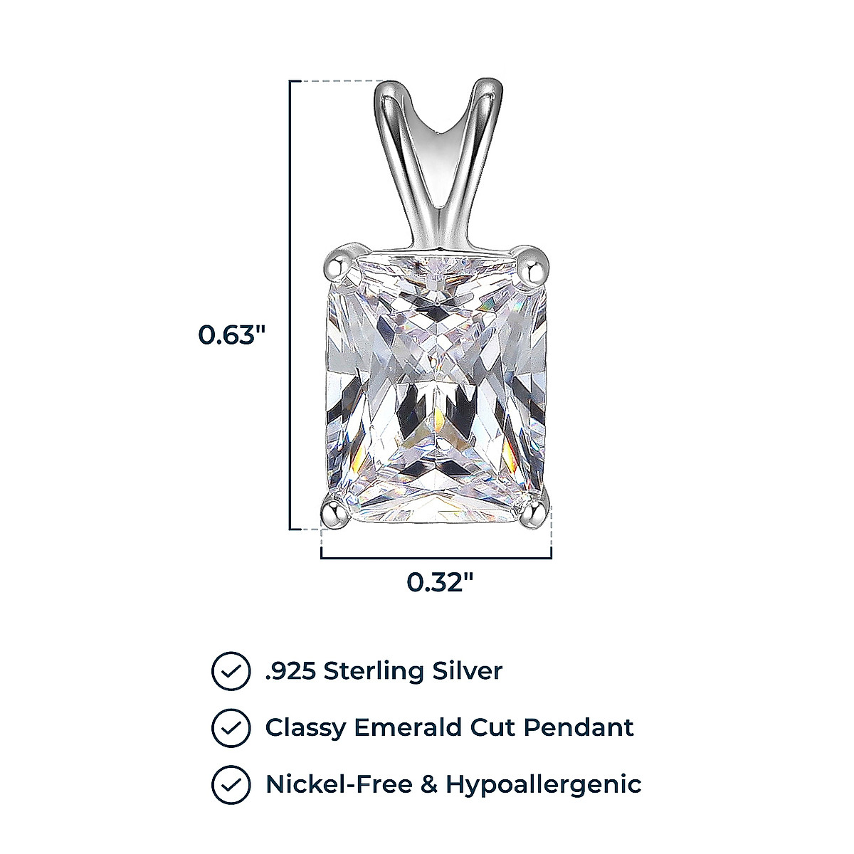 MORGAN & PAIGE CZ Diamond Emerald Cut Necklace - 925 Platinum Plated Sterling Silver Necklace With 3/8" Emerald Cut Cubic Zirconia Pendant - 18"