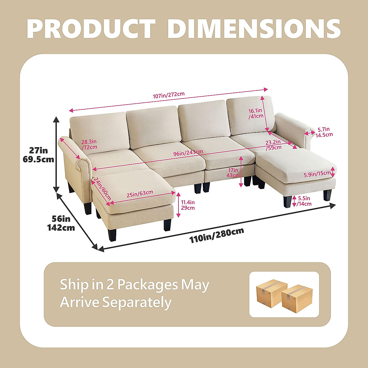 Redlife 110" Modular Sectional Sofa, Sectional Couches for Living Room, U Shaped Sectional Couch Convertible Sectional Sofa with Double Chaise, Comfy U Shaped Sectional Sofa for Living Room (Beige)