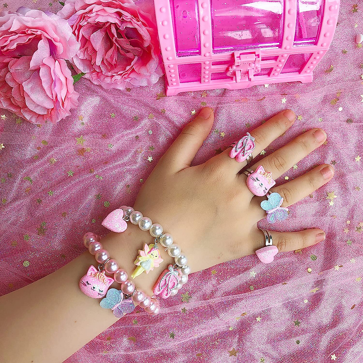 EleMirsa 30pcs Little Girl Jewel Rings Adjustable Costume Princess Pretend Play and Dress Up Rings for Girl Toddlers Kids Children's Jewelry Set Toy Treasure Box Birthday Gifts for Girls