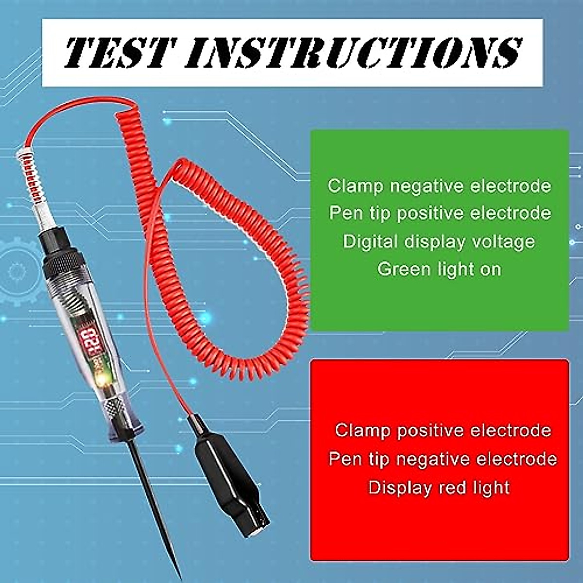 Hawyet 1 PC 6V/12V/24V Auto Bidirectional Voltage Tester, Car Test Light Digital LED Circuit Tester with Extended Spring Wire, DC Inductive Test Pen (Red #Clip)