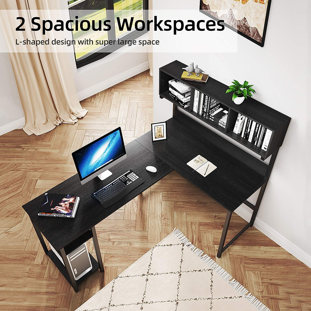 YITAHOME L-Shape Modern Computer Desk with Hutch Storage Bookshelf, 2-Tier Storage Shelves, 69 Inches Corner Writing Gaming Table Workstation for Home Office, Classic Black (FTOFOD-0010)