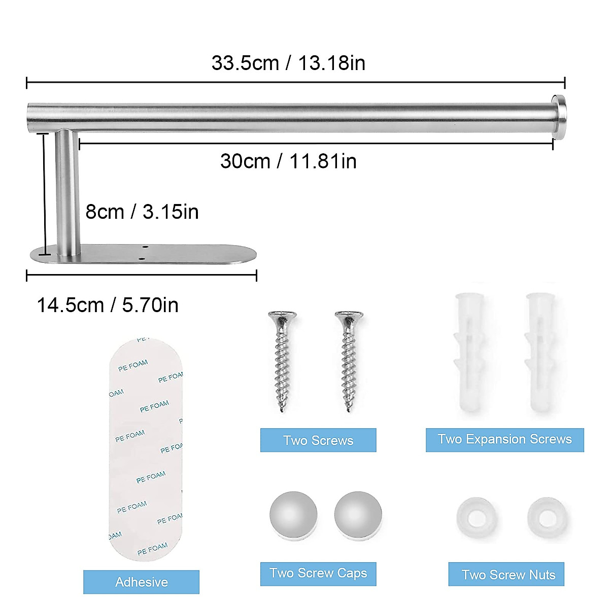 Paper Towel Holder Under Cabinet, DIGHEIGG Self Adhesive or Wall Mount Paper Towel Holder Under Counter Hanging Stand for Kitchen, Bathroom, Home Kitchen Organization(13Inch, Silver)