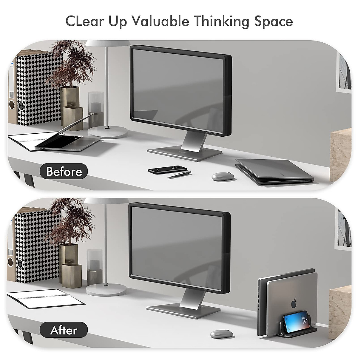 WZXHU Vertical Laptop Stand, 2 Slot Upright Laptop Holder Desk Organizer for MacBook/ Chromebook/ Surface/ HP/Lenovo/ Dell/ iPad Up to 17.3 Inches -Grey