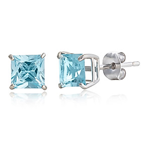 MAX + STONE 10k White Gold 5mm Princess Cut March Birthstone Aquamarine Square Stud Earrings for Women