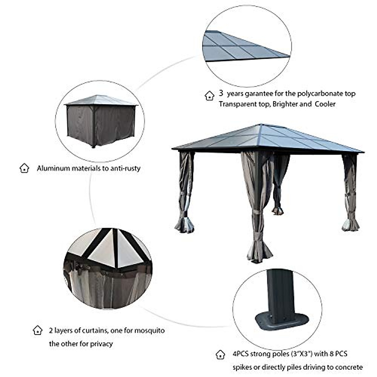 Kozyard Permanent Aluminum Hardtop Gazebo with Composite Polycarbonate Top for Outdoor Patio Lawn and Garden, Curtains and Netting Included (Edward 10ftx12ft)