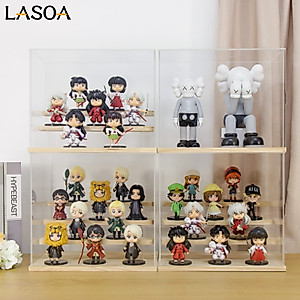 LASOA 4 Tier Acrylic Display Case for Collectibles, Alternative Glass Display Box with Wood Base and Lid, Self-Assembly Clear Shelf Showcase for Figurine Memorabilia (11.8x8.9x11inch; 30x22.5x28cm)
