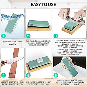 Sharpening Stone Whetstone Knife Sharpener, knife sharpening stone Premium 4 Side Grit 400/1000 3000/8000 Water Stone Sharpening Kit Wet Stones with Leather Strop, Bamboo Base & Angle Guide