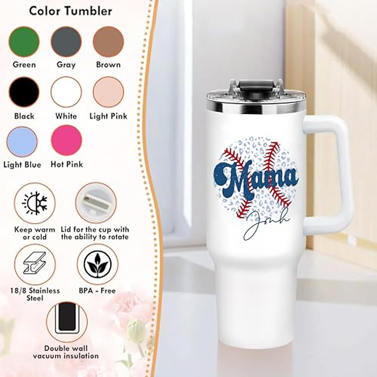 Personalized Baseball Mama Tumbler 40oz, Baseball Mom Gift Ideas, Baseballs Coffee Travel Mug, Mother's Day Gift, New Moms Gifts, Birthday gifts for women, Christmas