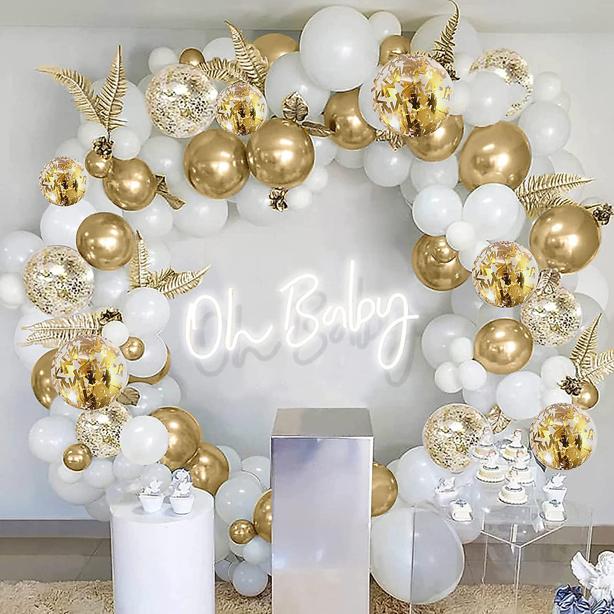 White Gold Balloons Arch Garland Kit, 122Pcs 18/12/10/5 In White and Metallic Gold Balloons Gold Confetti Balloons for Wedding Birthday Bridal Baby Shower Anniversary Party Decorations