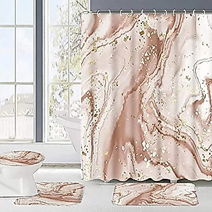 My-baby 4 Pcs Marble Shower Curtain Set with Rug Marble Bathroom Sets with 12 Hooks,White Gold Shower Curtain for Modern Bathroom Decor