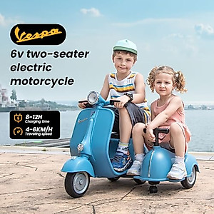 Licensed Vespa Ride-On Motorcycle with Side Car - 6V Electric Car for Boys and Girls - Two-Seat Ride-On Toy with Music and Storage Bin (Blue)