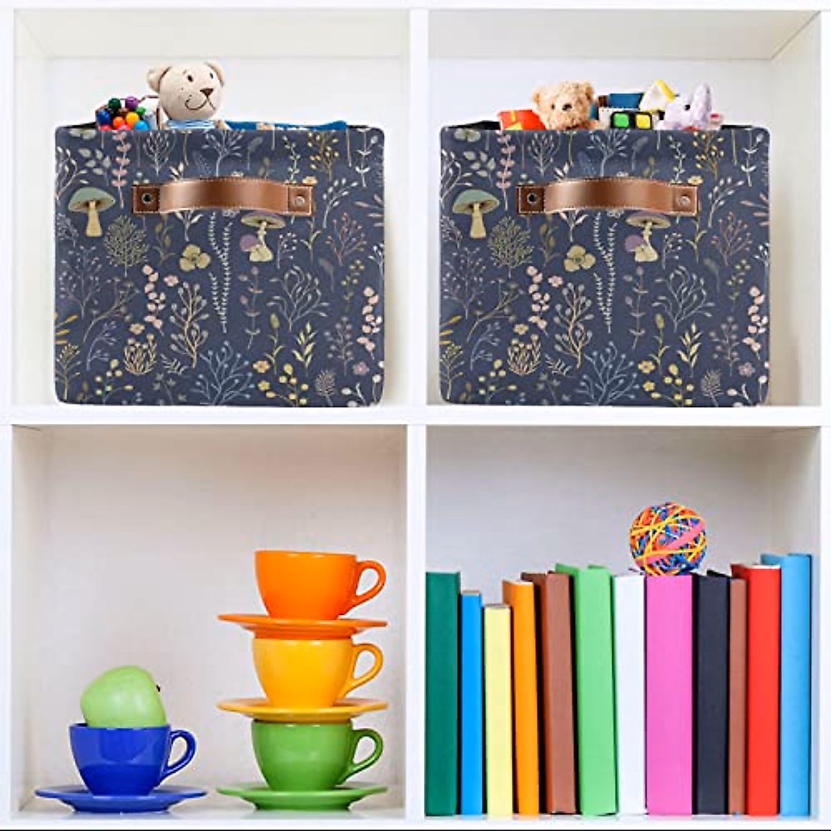 Kigai Mushroom Plants Storage Basket with Handles Collapsible Storage Bins Canvas Fabric Storage Organizer for Shelves Closet Bedroom Living Room 2Pack