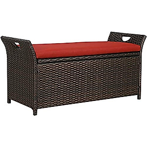 Patio Tree Outdoor Deck Storage Box, Patio Wicker Storage Bench, Rattan Storage Bins with Cushion (Red)