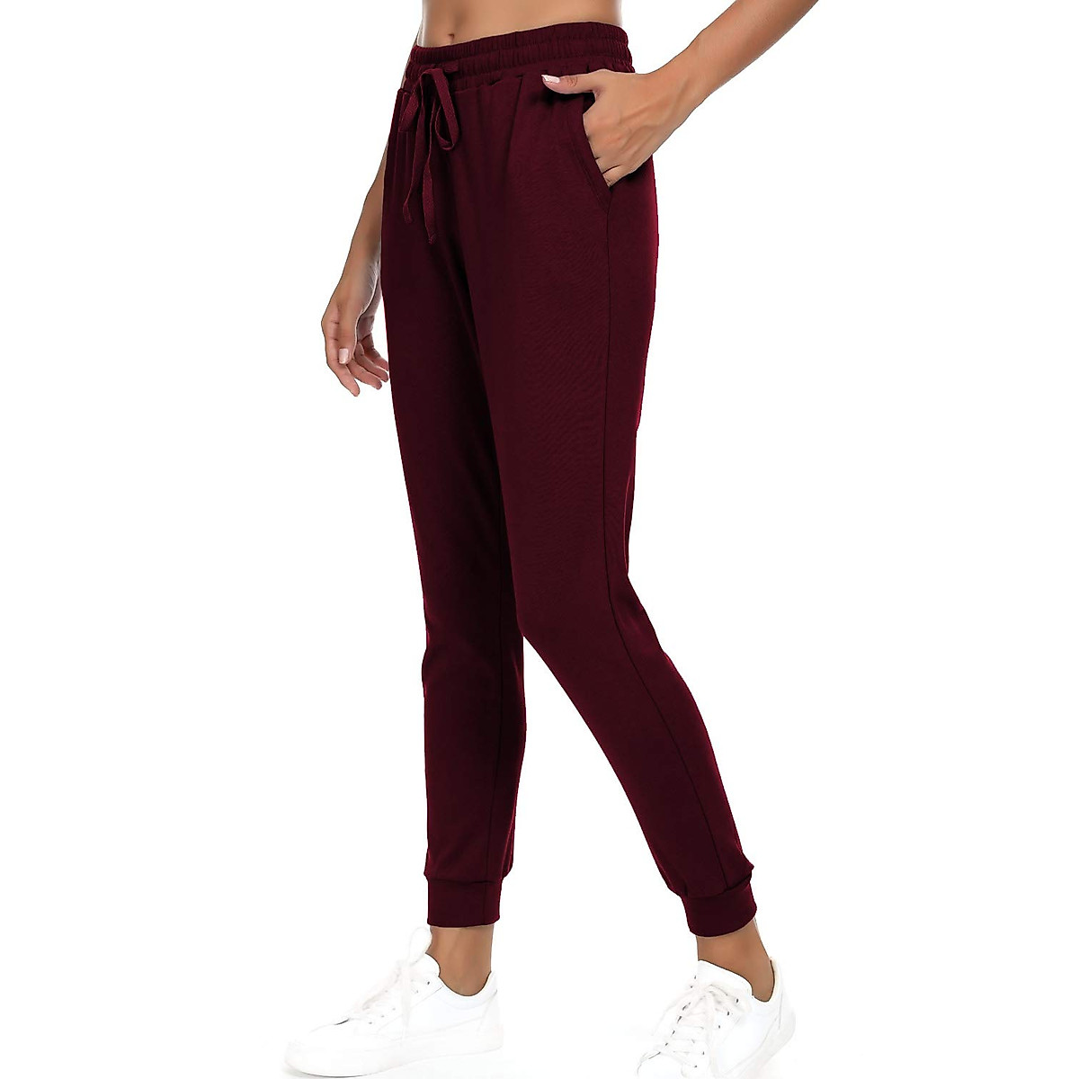 HAOMEILI Women's Active Cotton Tapered Workout Yoga Lounge Track Pockets Pants, Wine Red, X-Large