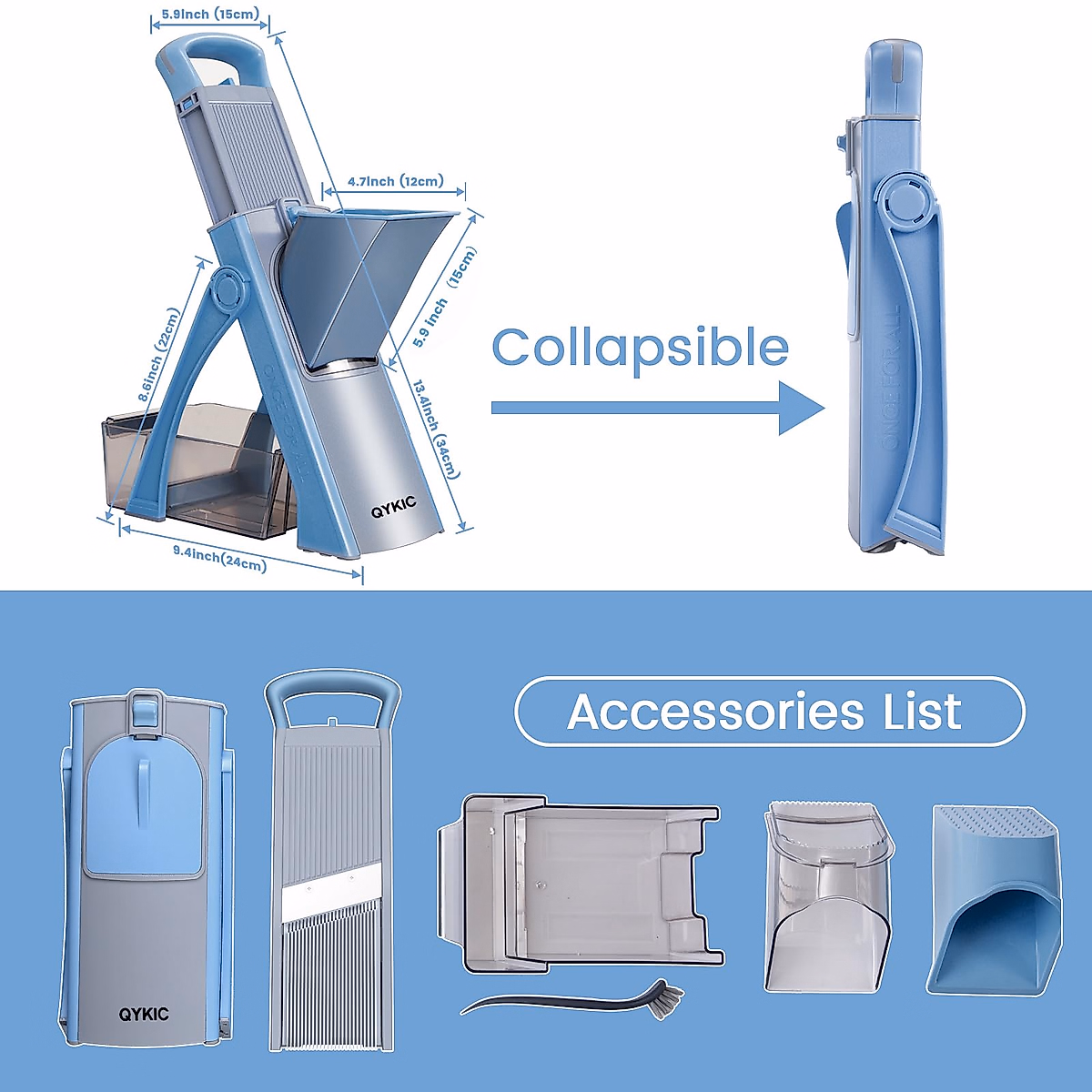 Safe Mandoline Slicer for Kitchen, 5 in 1 Vegetable Chopper, Mandolin Potato Slicer with Thickness Adjuster, French Fry Cutter, Veggie Dicer Faster Kitchen Slicer for Meal Prep Blue