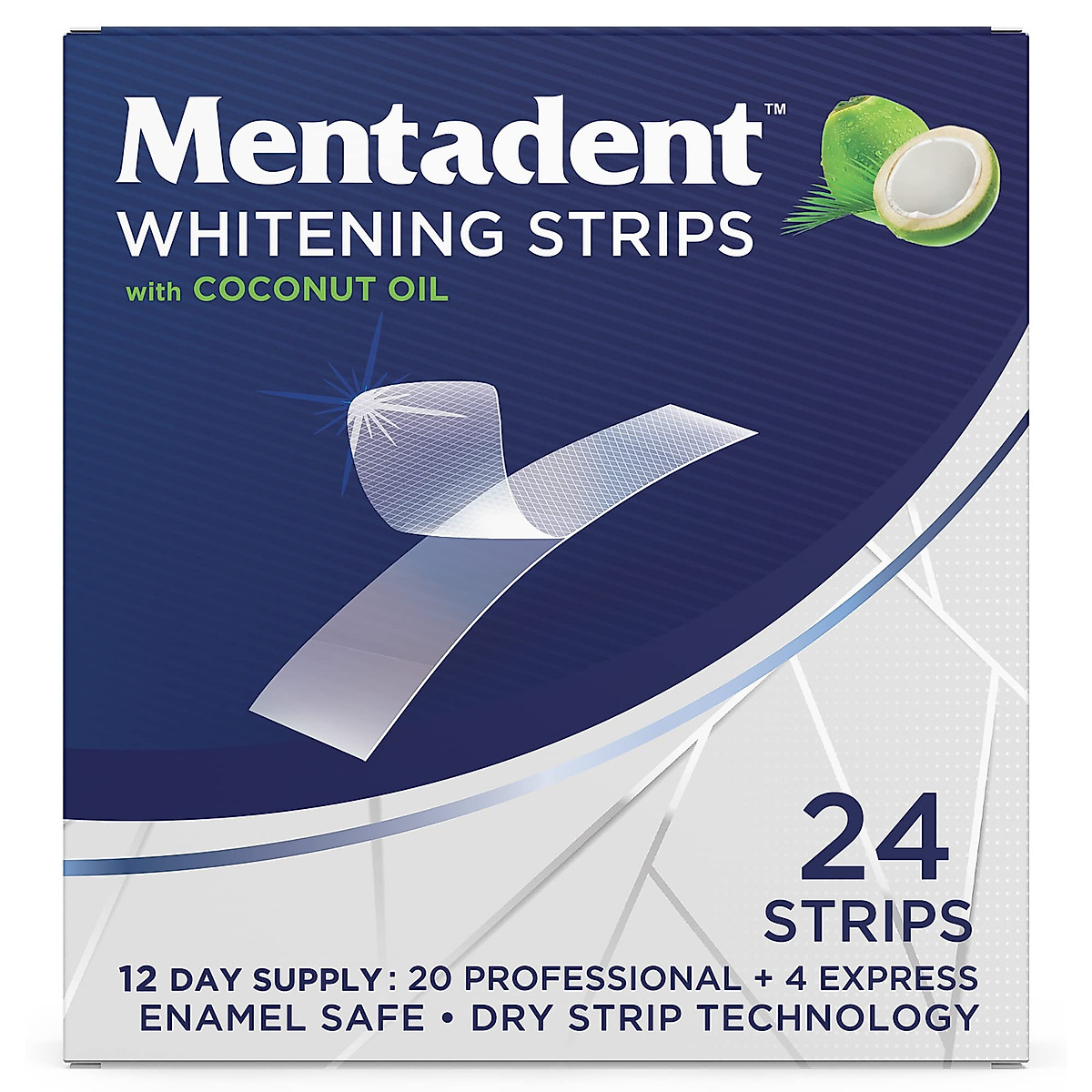 Mentadent Teeth Whitening Strips - 24 Strips (12 Day Treatment) with Coconut Oil for Sensitive Teeth & Gum, Enamel Safe, Non-slip Technology, Teeth Whitening for Stains of Coffee, Smoking, No Parabens