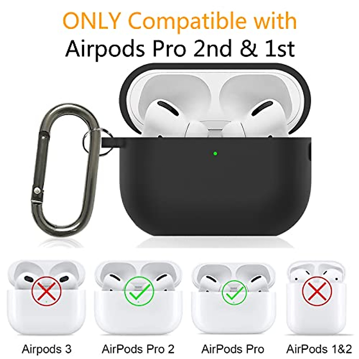 Geeice AirPods Pro 2nd/1st Generation Case Cover 2022/2019, 3 in 1 Soft Silicone Full Protective Cover Accessories with Keychain Lanyard and Cleaning Pen for Women Men, Black