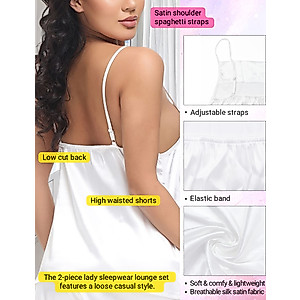 Kwunbwa Women's Silk Satin Pajama Set Cowl Neck Cami Top and Shorts Sexy Lounge Sleepwear, White, XX-Large
