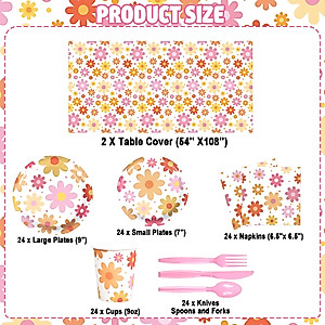 Groovy Party Supplies Daisy Groovy Party Tableware Set Serves 24 Include Boho Daisy Tablecloth Hippie Tableware Set for Groovy Boho Hippie Retro Birthday Baby Shower Party Decor