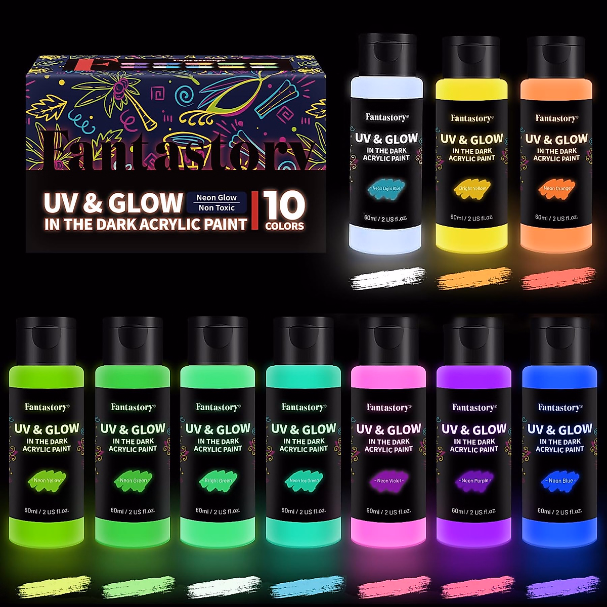Fantastory Glow in The Dark Paint, 60ml/2oz Neon Glow Acrylic Paints, 2IN1 Paint,Charge-Glow& UV Activated For Outdoor Rocks, DIY Craft,Canvas,Holiday Decor,Christmas,Kids,Adults