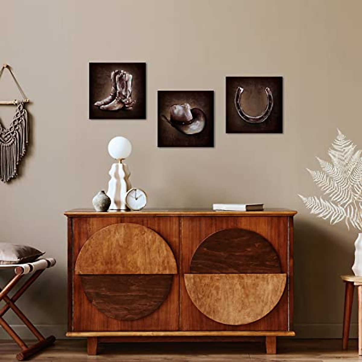 AtGoWac 3 Piece Cowboy Decor Wall Art American Western Wall Decor Cowboy Painting Men's Bedroom Living Room Decor Artwork Framed Ready to Hang 12x12inchx3 Pieces