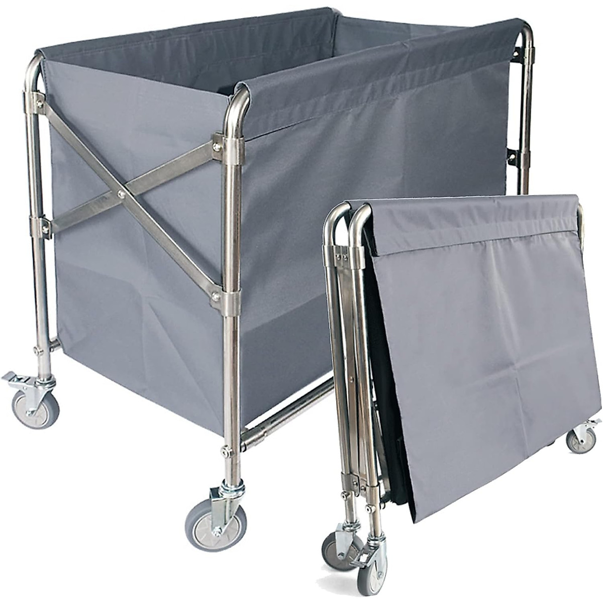 Bimiti Commercial Laundry Cart Folding Laundry Hamper Cart with Heavy Duty Rolling Lockable Wheels Collapsible Stainless Steel Laundry Trolley Cart with Foldable Waterproof Oxford Bag