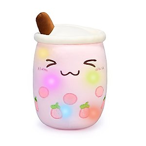 AIXINI Light up Boba Stuffed Plush Bubble Tea Pillow with LED Colorful Night Lights Glowing Super Soft-Pink,13.7''