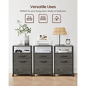 VASAGLE File Cabinet, Mobile Filing Cabinet with Wheels, 2 Drawers, Open Shelf, for A4, Letter Size, Hanging File Folders, Charcoal Gray and Ink Black UOFC071B04