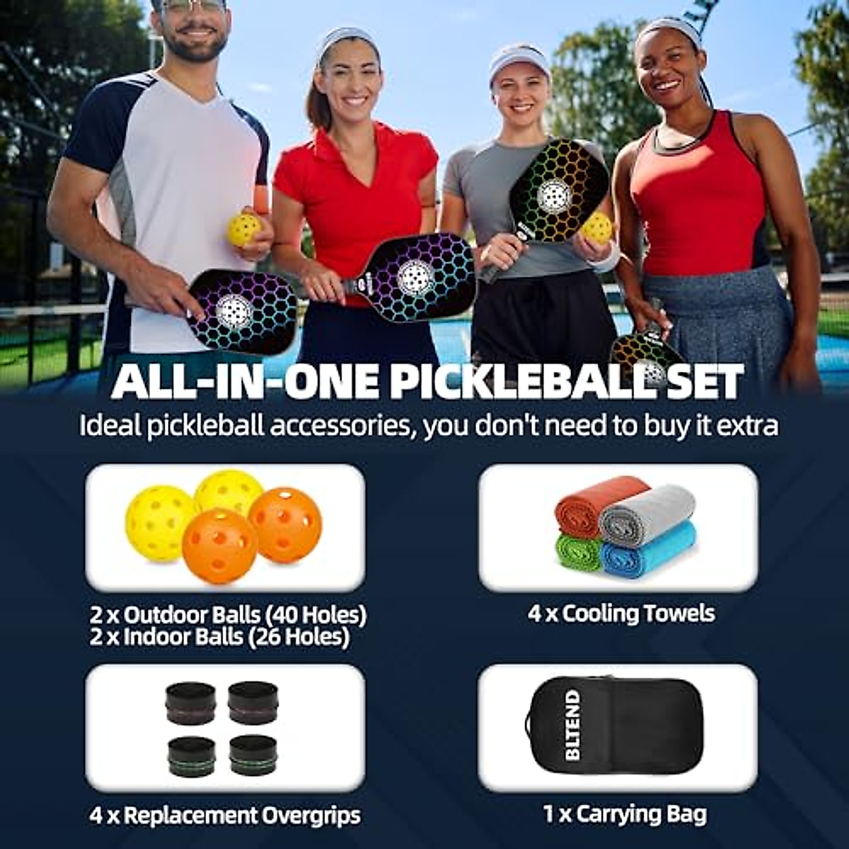 Bltend Pickleball Paddles Set of 4 -USAPA Approved- Fiberglass Pickle Ball Paddle Set of 4 Pickleball Rackets, 4 Outdoor Indoor Pickleball Balls,Pickleball Bag,Pickleball Racquets Gifts for Women Men