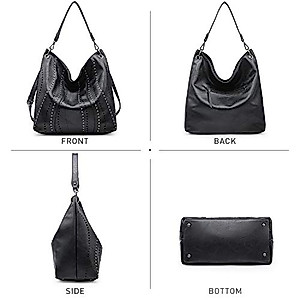 Ladies Large Hobo Shoulder Bag Bucket Handbag Purse for Women with Studs Vegan Leather Black