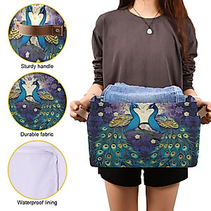 xigua Peacocks Pattern Storage Bins Foldable Canvas Fabric Storage Basket with Handles for Organizing, Large Storage Baskets for Shelves Closet