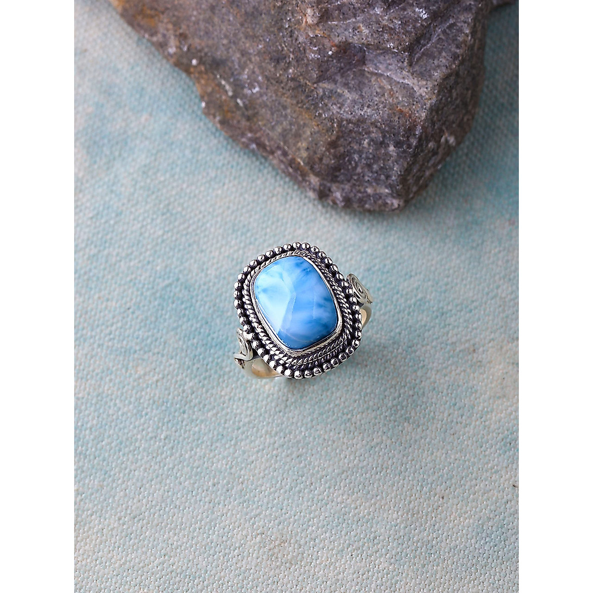 YoTreasure Natural Larimar Solid 925 Sterling Silver Ring Jewelry