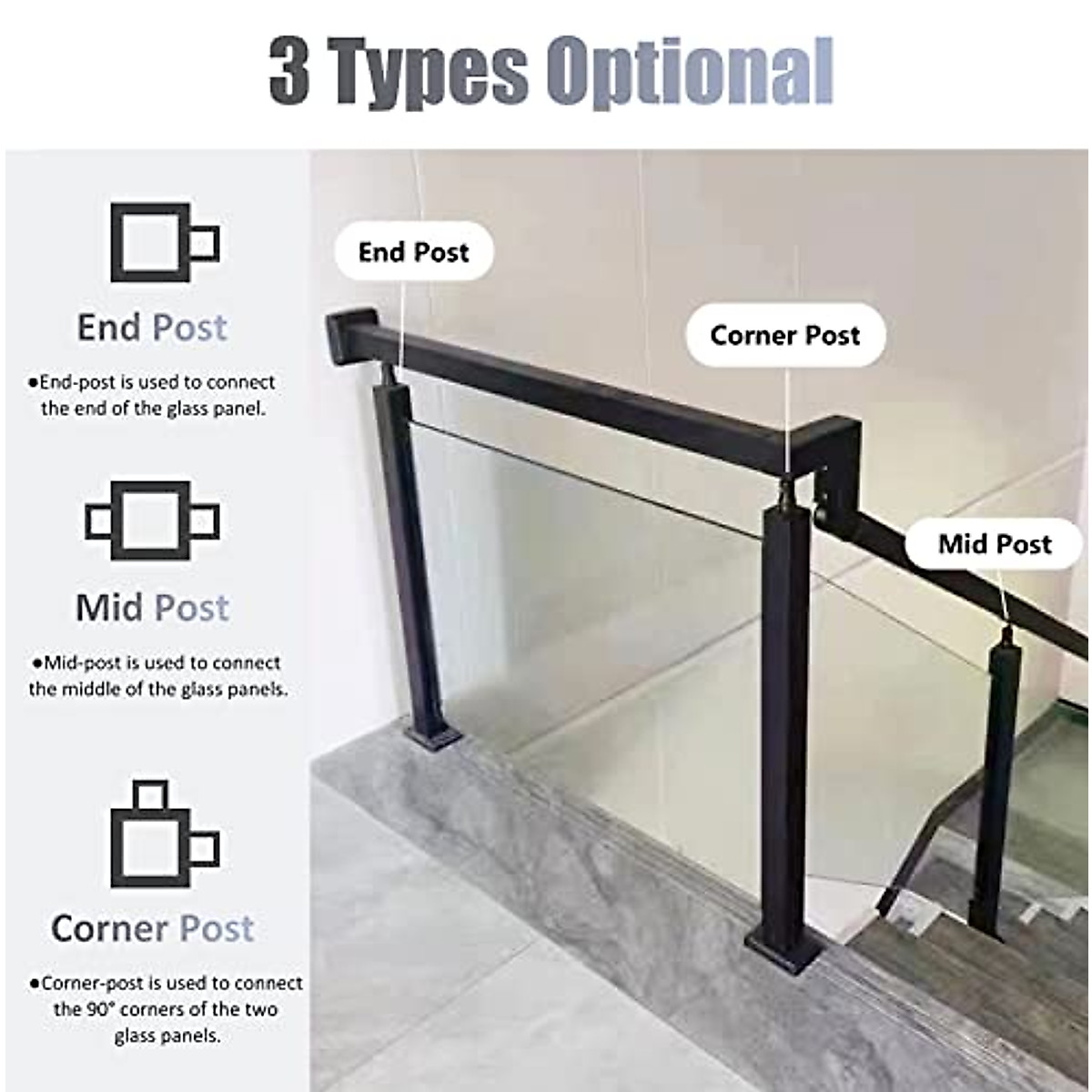 Glass Railing Post Black Metal Glass Railing Post for Indoor Outdoor, Heavy Duty Floor Standing Square Balustrade System with Base Cover, Deck Balcony Loft Guardrails