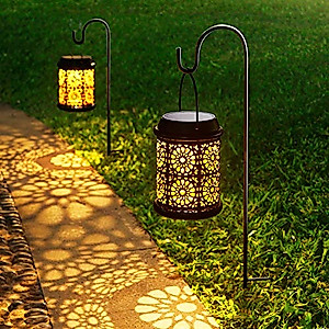 DenicMic Solar Lantern Outdoor Solar Lights Outdoor Hanging Solar Lantern with Handle & Hook Waterproof, 25 Lumen Warm White LED Metal Decorative for Garden, Patio, Porch,Yard, Walkway,1Pack (Black)