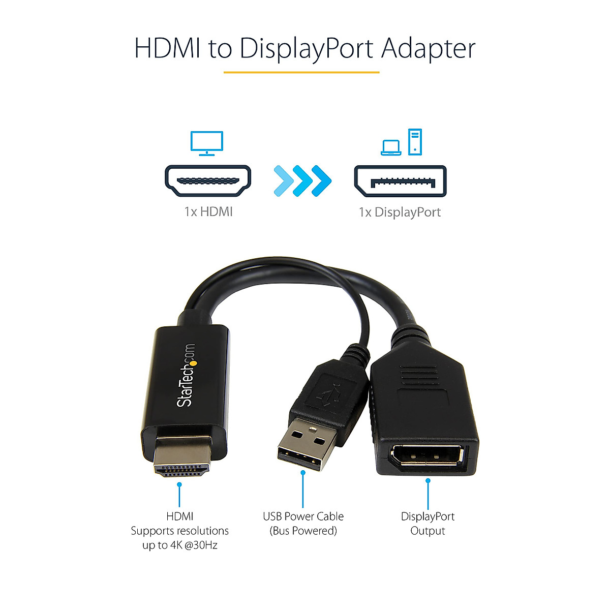 StarTech.com 4K 30Hz HDMI to DisplayPort Video Adapter w/ USB Power - 6 in - HDMI 1.4 (Male) to DP 1.2 (Female) Active Monitor Converter (HD2DP), Black