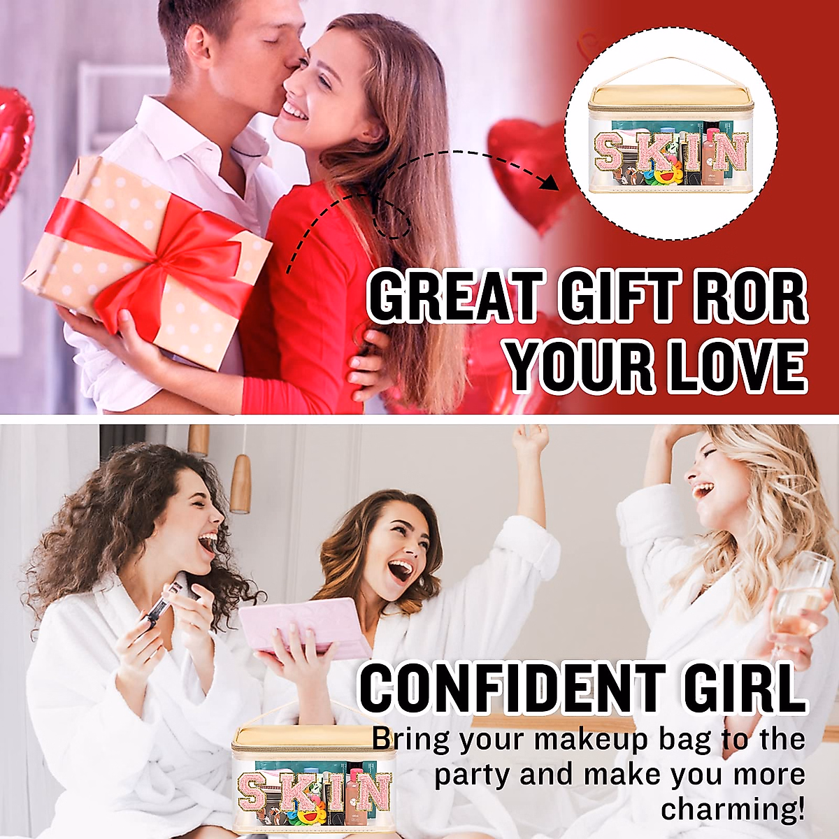 Chenille Letter Clear Makeup Bags Skin Pouch, Preppy Patch Makeup Bag Zipper with Handle, Transparent PVC & Nylon Waterproof Glitter Cosmetic Handbag Travel Toiletry Storage for Women Girl(SKIN-Beige)