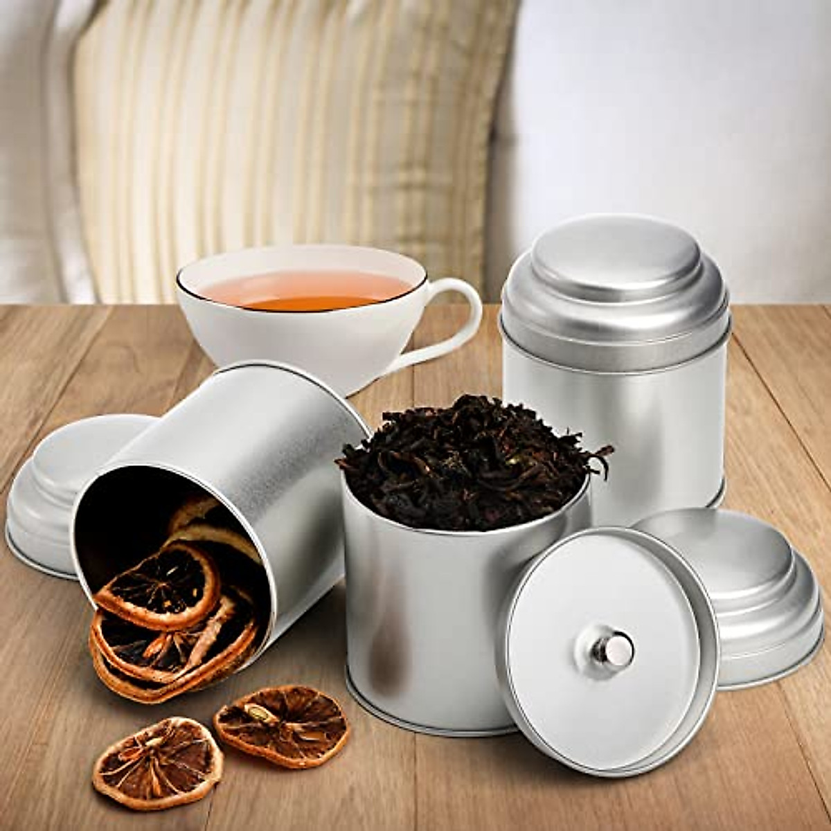Lawei 6 Pack Tea Tins Canister with Airtight Double Lids, 8 OZ Round Tin Can Box, Small Kitchen Canisters Containers for Storage Tea, Coffee, Sugar, Loose Leaf, Candy, Herbs and Spices, Silver
