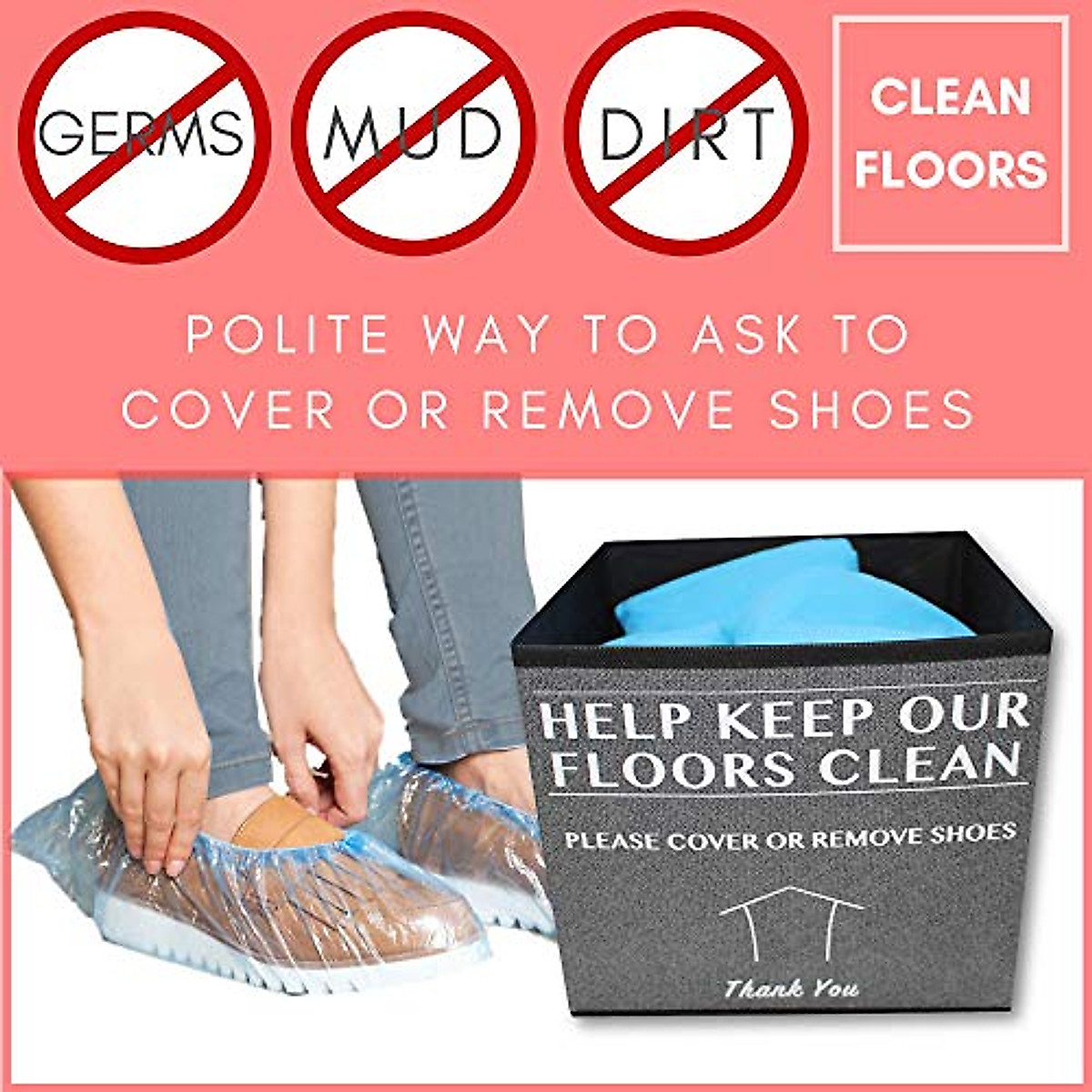 RE GOODS Real Estate Agent Supplies - Shoe Covers Box For Realtor Listings and Open Houses , Foldable Bin For Disposable Shoe Booties , Please Cover or Remove Your Shoes Sign