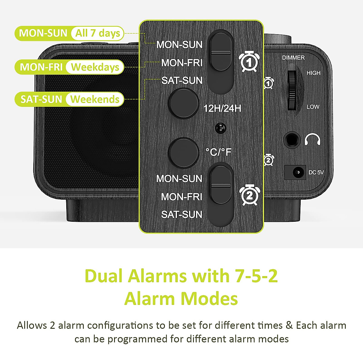 uscce Alarm Clock Radio for Bedroom - 0-100% Dimmer, 2 USB Chargers, Dual Alarm with Weekday/Weekend Mode, FM Radio w/Auto-Off Timer, Battery Backup, Loud Alarm Clock for Heavy Sleeper(Wood Grain)