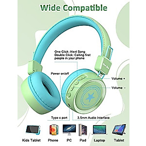 New bee Kids Bluetooth Headphones with Microphone Bluetooth 5.0 Wireless Kids Headphones with 32H Playtime/94dB Volume Limited On Ear Headphones for School/Girls/Boys/iPad/Fire Tablet(Matcha Green)