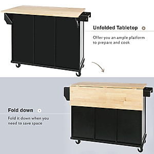 Kitchen Island Cart with Wood Drop-Leaf Top and 3 Drawers, Rolling Mobile Kitchen Island on 5 Wheels with Storage Cabinet, Internal Storage Racks, and Adjustable Shelves, 53.1 Inch Width (Black)