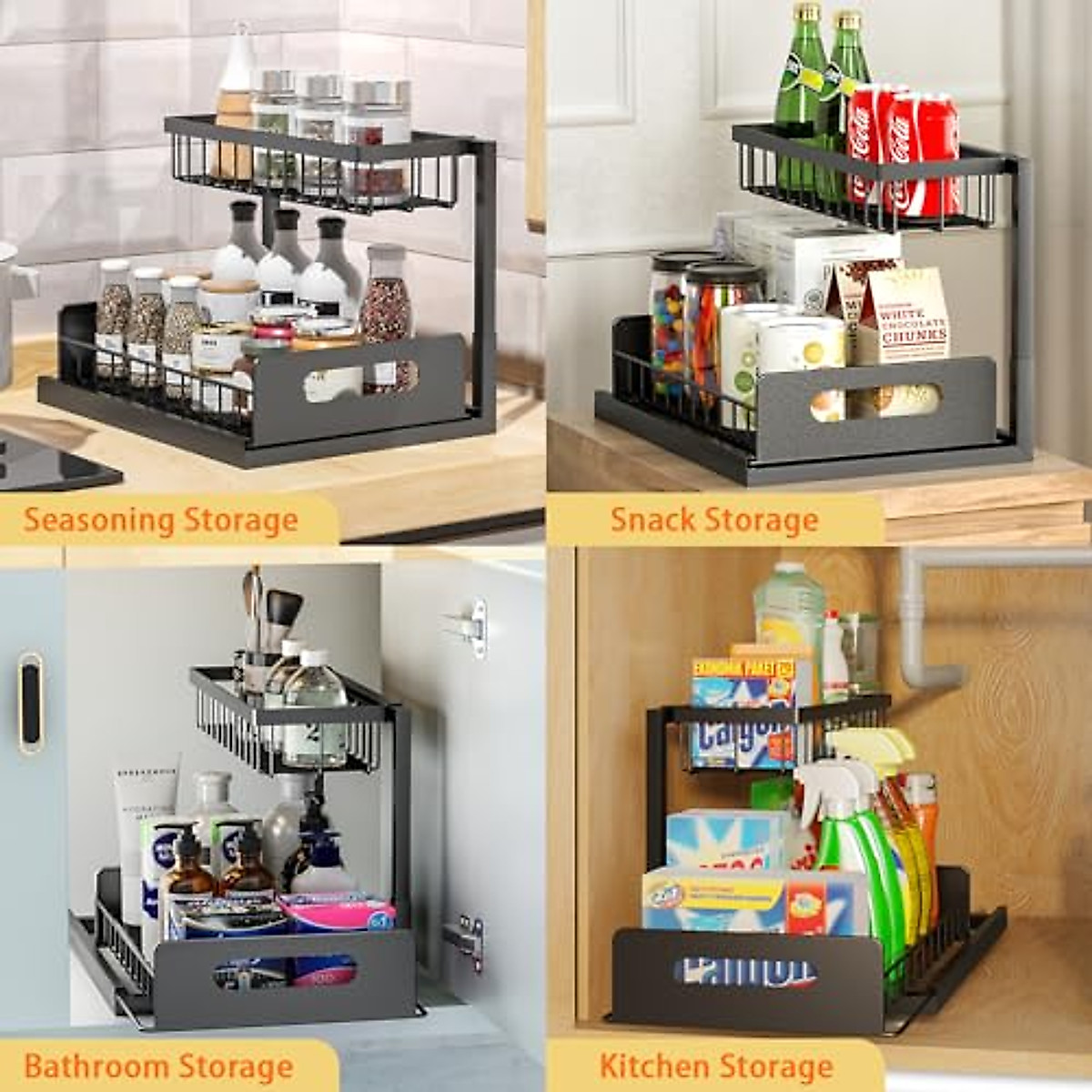 Stoigeld 2 Tier Under Sink Organizer and Storage for Kitchen,Pull Out Cabinet Organizer,Multi-Purpose Sink Organizer with Sliding Drawer for Bathroom - 2 Pcs