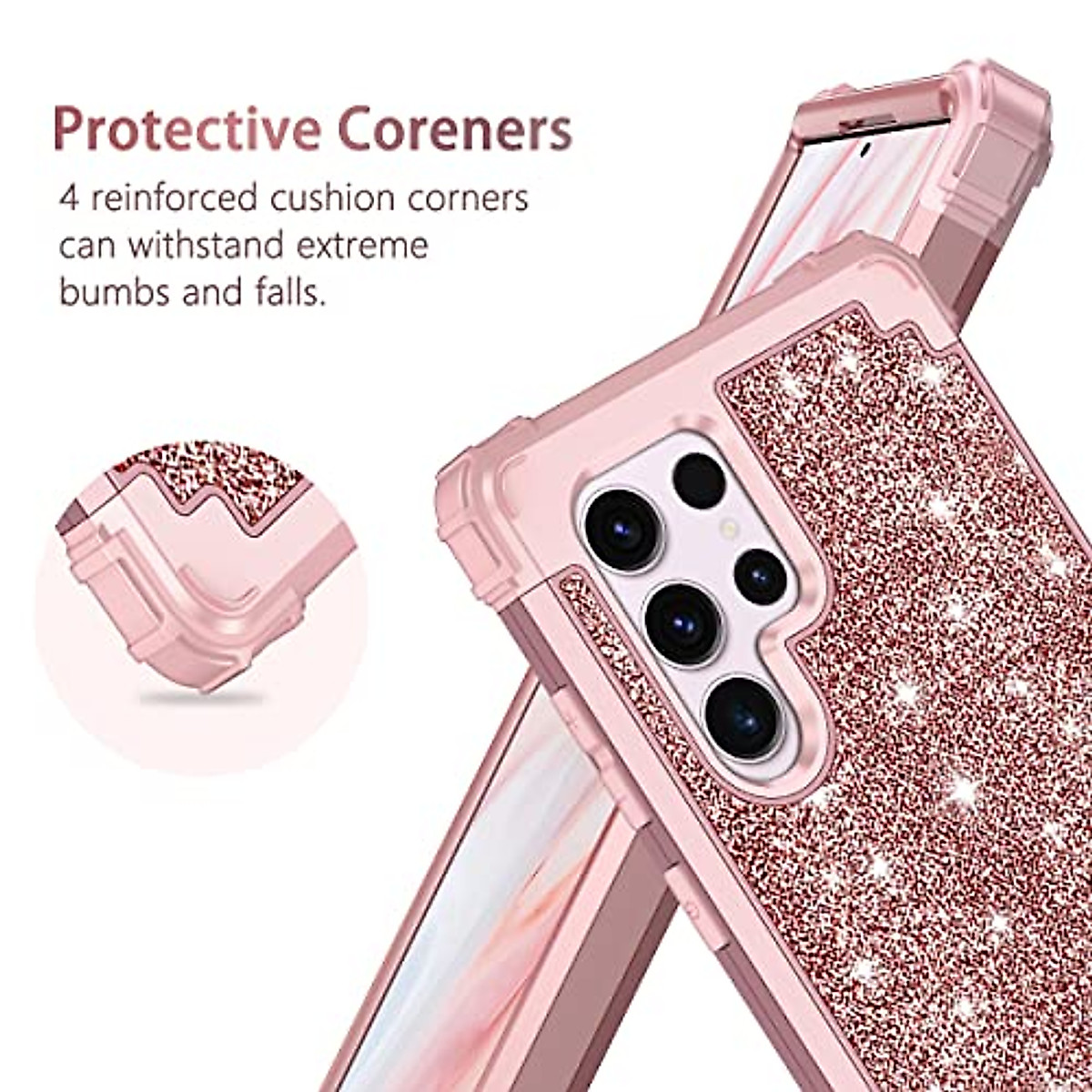 LONTECT for Galaxy S23 Ultra Case with 2 Camera Lens Protector,Three-Layer Shockproof Heavy Duty Full Body Sturdy Protective Case for Samsung Galaxy S23 Ultra 5G,Rose Gold