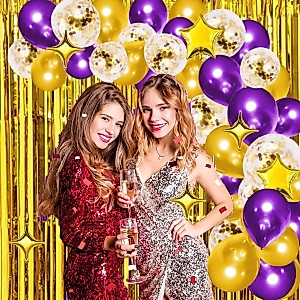 Purple Gold Balloon Garland Arch, 124PCS Purple and Gold Balloons Gold Star Balloons Purple Tinsel Foil Fringe Curtain for Purple Birthday Wedding Anniversary Graduation Party Decorations Purple Gold