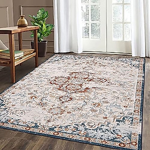 COZYLOOM Area Rug 8x10 Boho Tribal Area Rug Vintage Medallion Rug Large Washable Rug Distressed Oriental Non-Slip Print Floor Carpet for Living Room Bedroom Home Office Foldable Beige