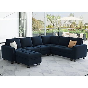 Belffin Velvet Modular Sectional Sofa with Storage Ottoman 6 Seater L Shaped Sectional Modular Sofa Couch with Reversible Chaise Convertible Corner Sectional Couch Blue